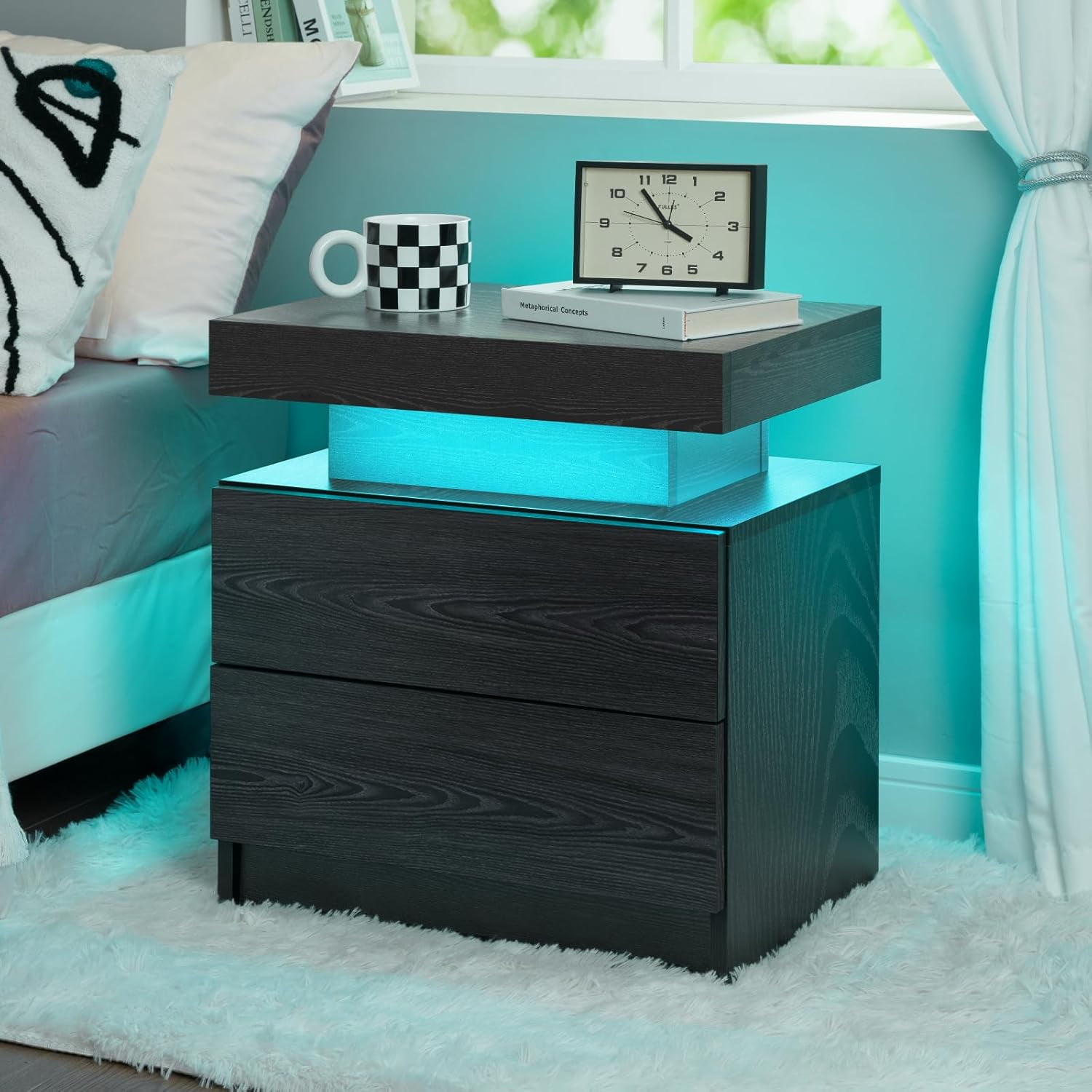 LED Night Stand Black Nightstand with 2 Drawers Modern Beside Table for ...