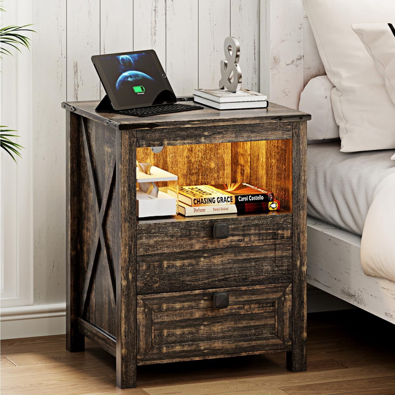 LED Night Stand with Charging Station & Power Outlets, Farmhouse Smart ...
