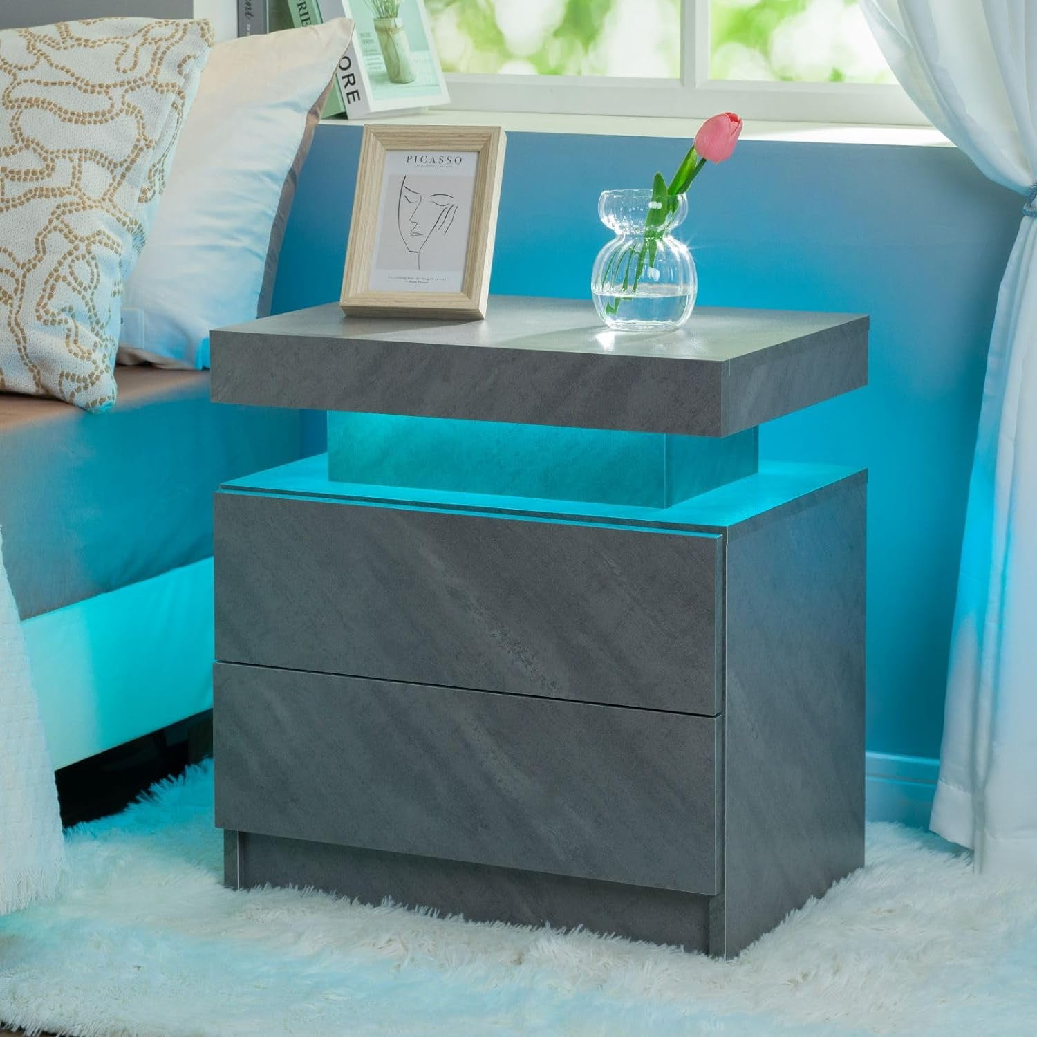 LED Night Stand Modern Bedside Tables for Bedroom Grey Nightstand with ...