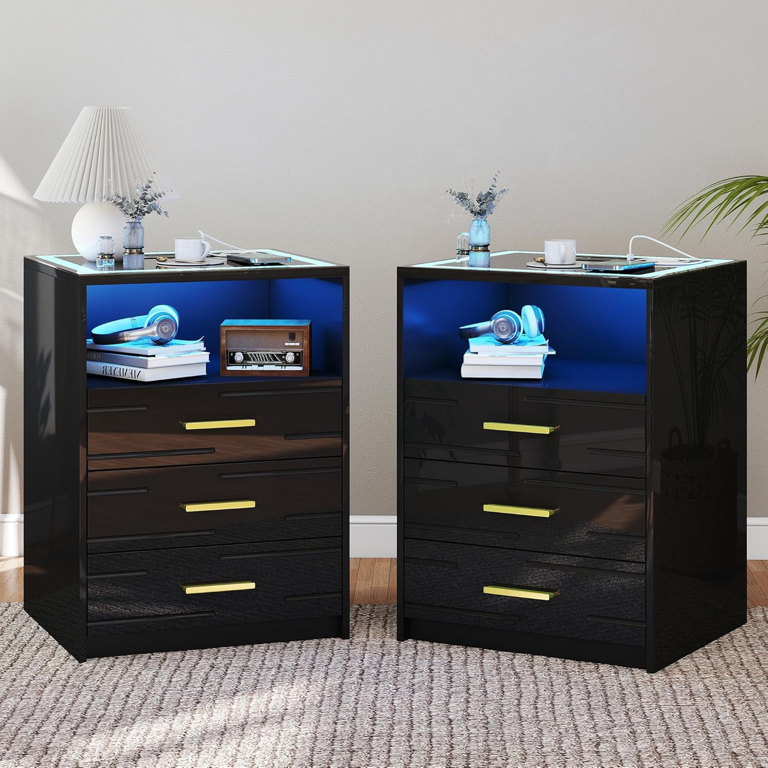 LED Night Stand Set 2 with Charging Station, High Gloss Nightstand with ...