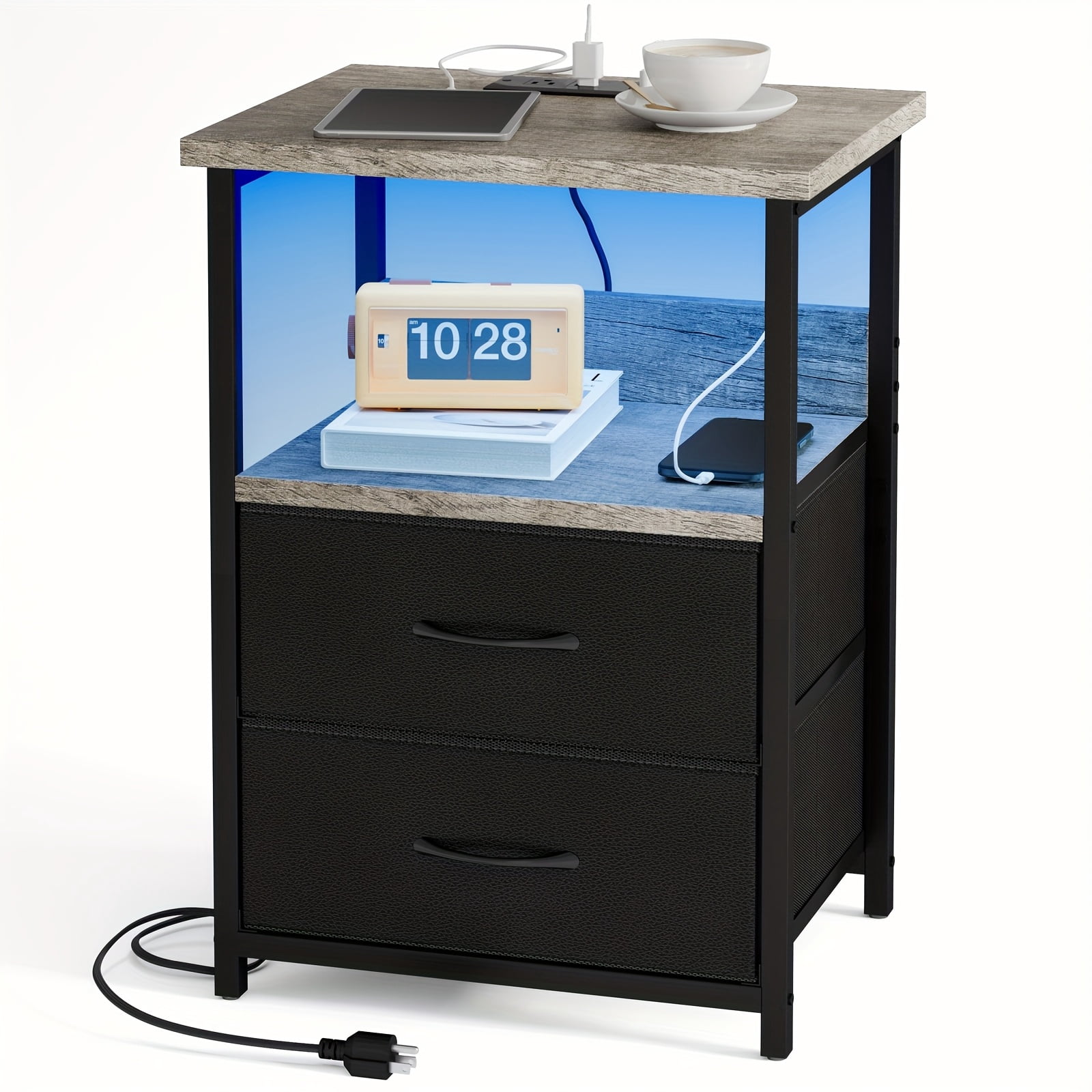 LED Night Stand with USB Port & Socket - Fabric Storage Drawer, Heavy ...