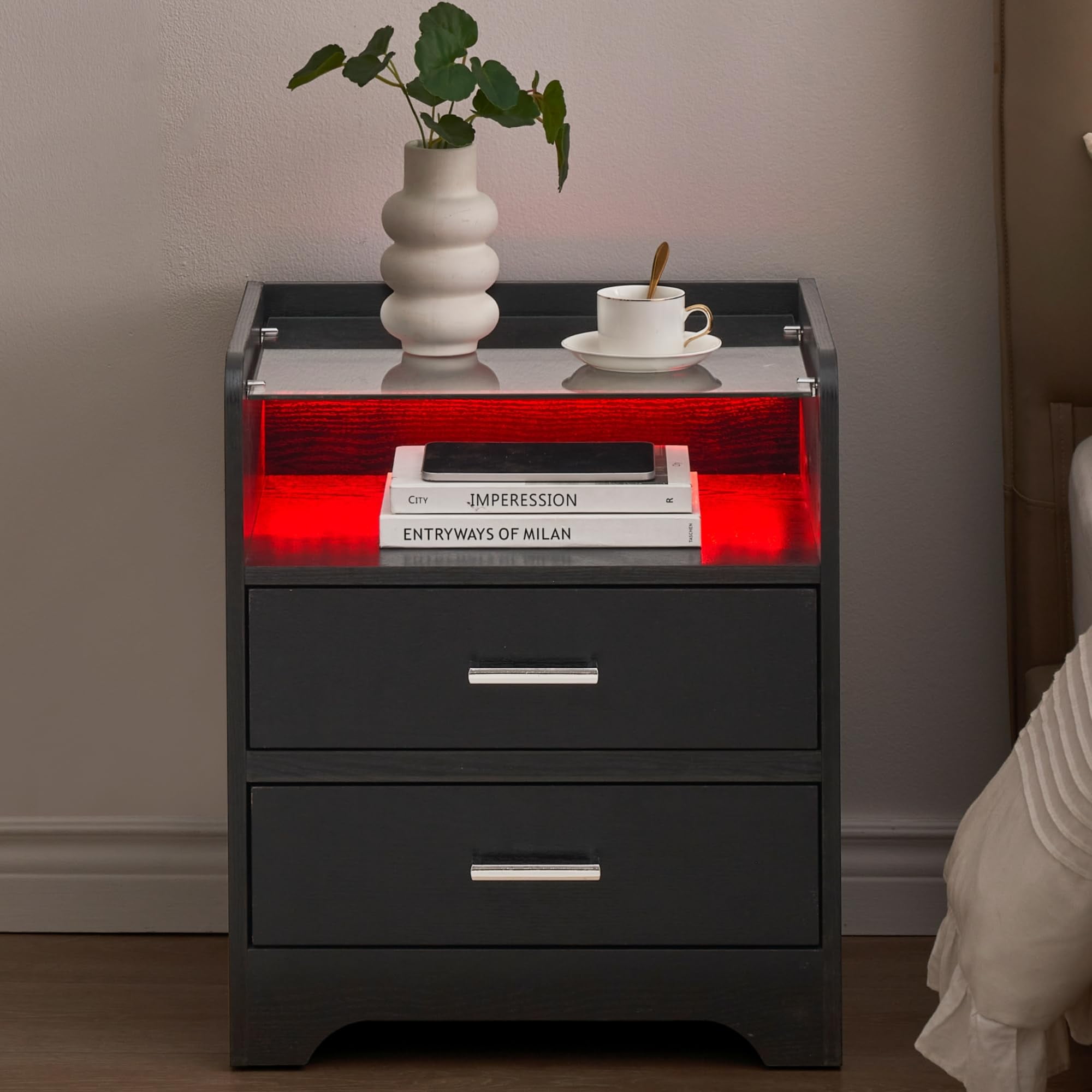 LED Night Stand with 2 Drawers, Smart End Side Table with LED Lights ...