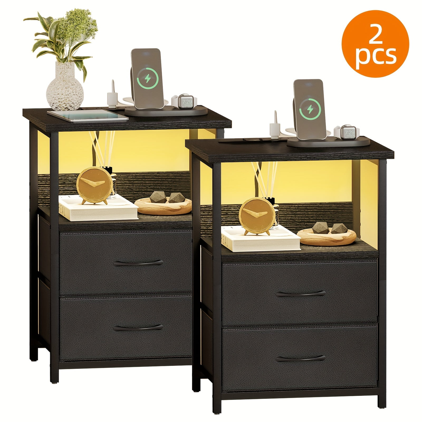 LED Night Stand with USB Port & Fabric Drawer - Charging Station Side ...