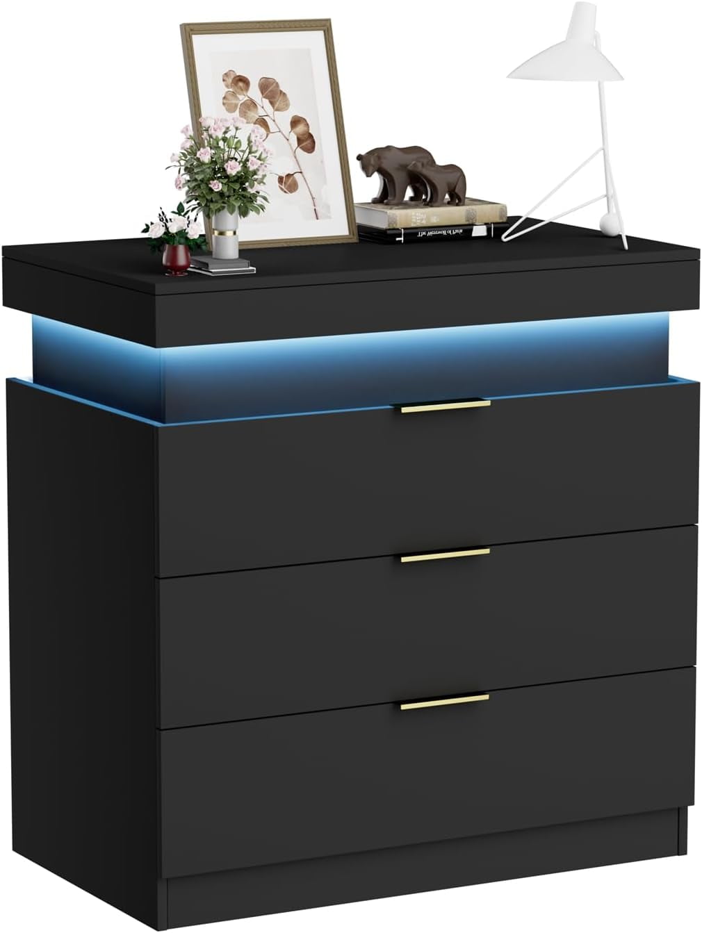 LED Nightstand with 3 Drawers, Bedside Table with Sliding Top for ...