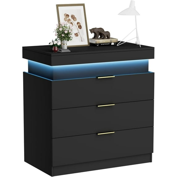 LED Nightstand with 3 Drawers, Bedside Table with Sliding Top for ...