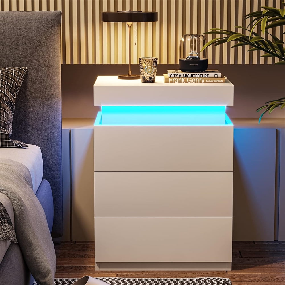 LED Nightstand with 3 Storage Drawers, Modern Multi-Color LED Night ...