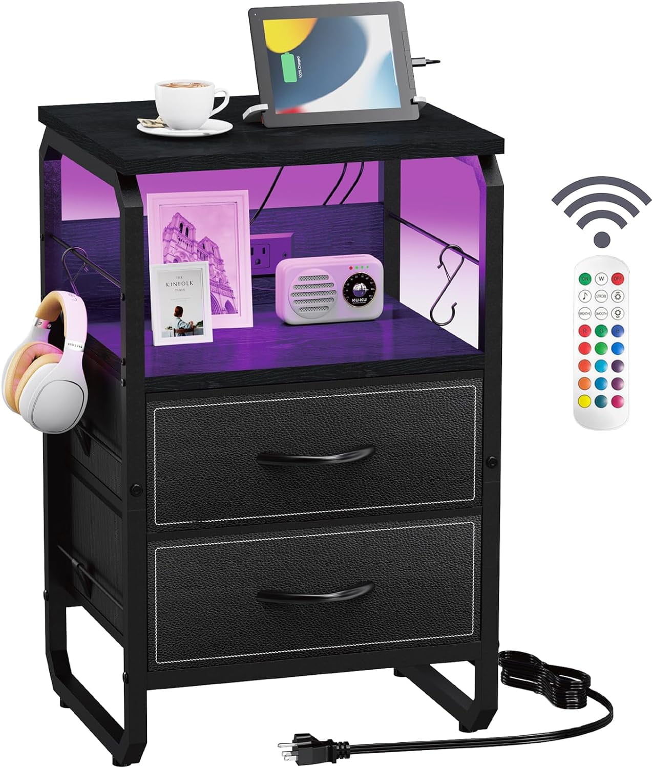 LED Nightstand, Bed Side Table with Storage, End Table with Drawers ...