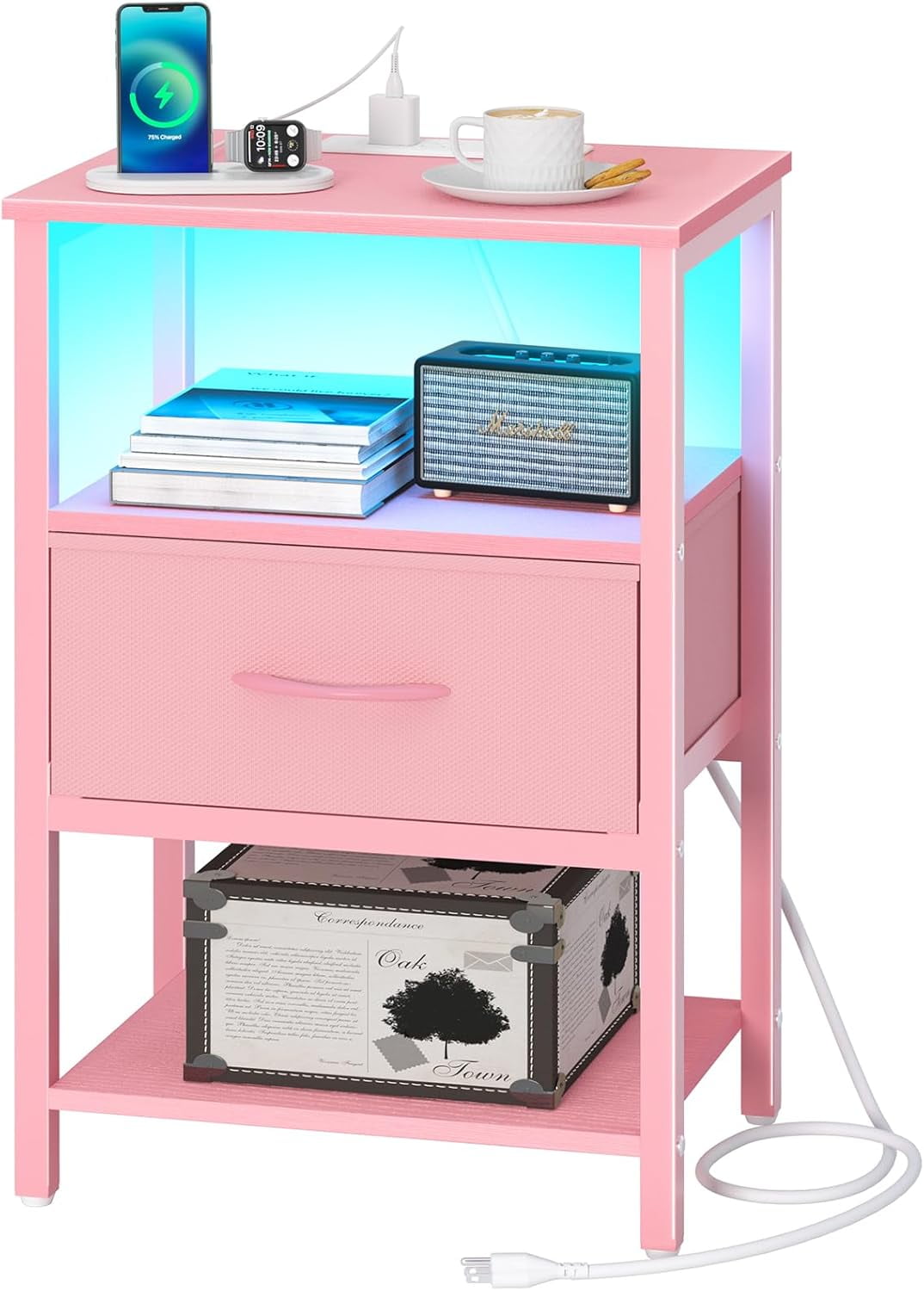 LED Nightstand for Bedroom, Pink Night Stand with Charging Station ...