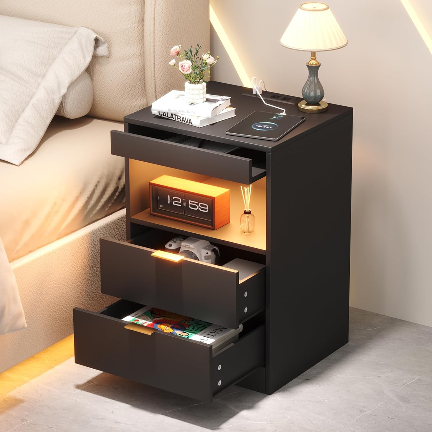 LED Nightstand Bedside Table with Charging Station 2 Drawers, Black ...
