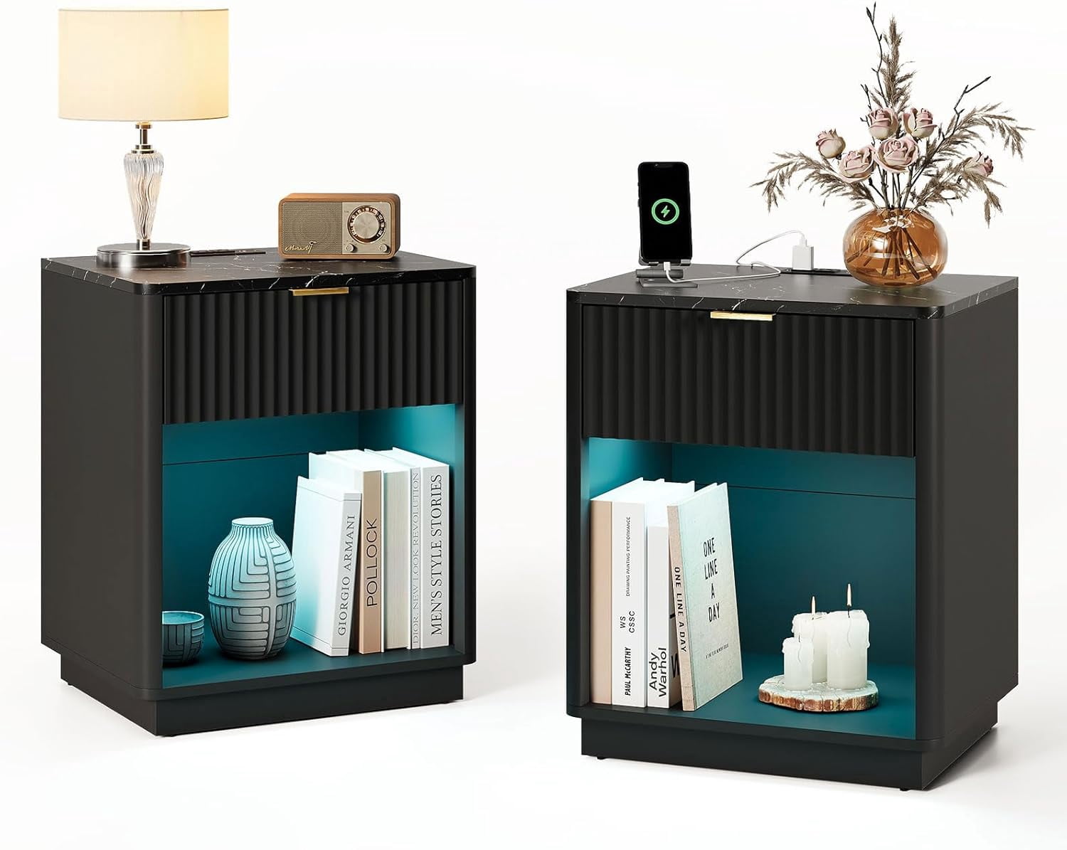 LED Nightstand Bedside Table with Charging Station Curved Profile ...
