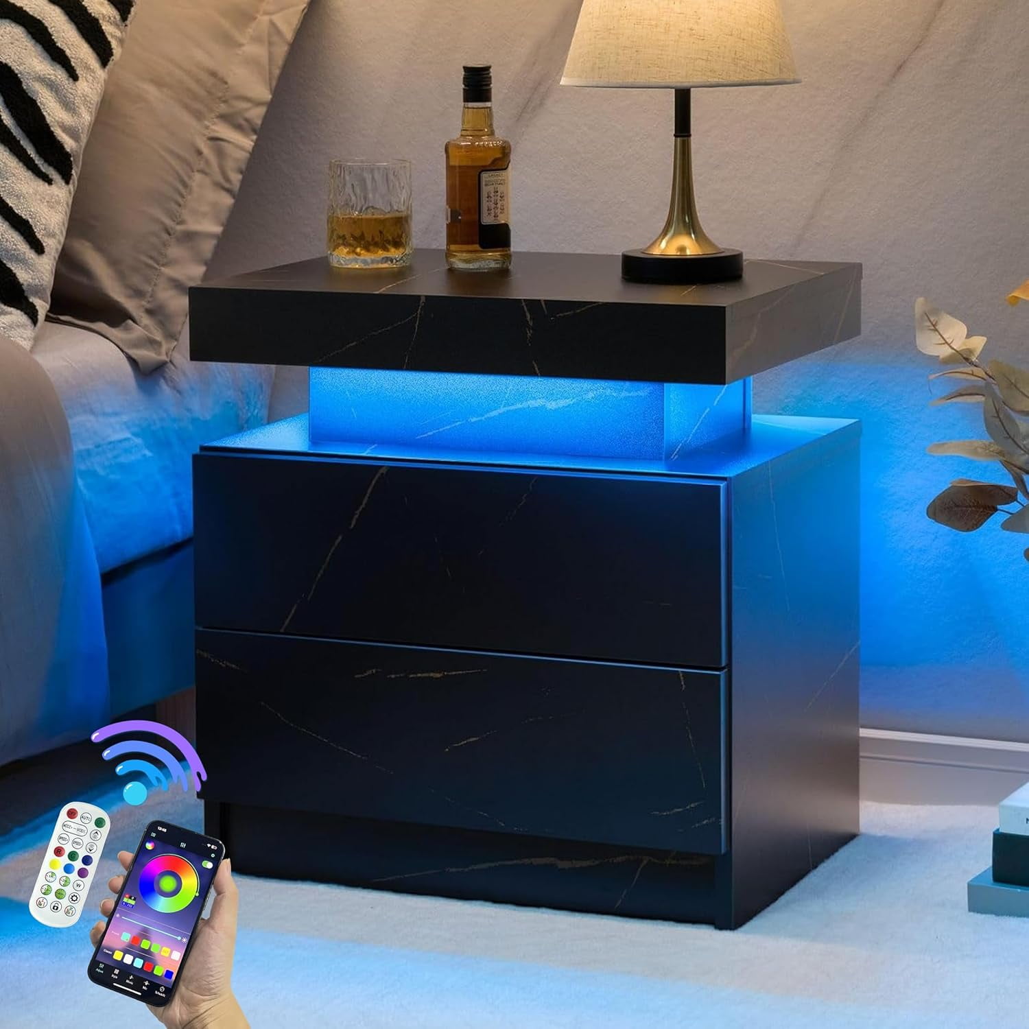 LED Nightstand Black Gold Nightstand with Led Lights Modern Night Stand ...
