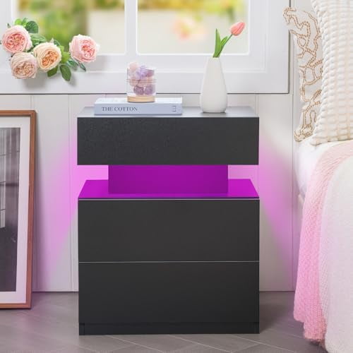 LED Nightstand Black Modern Night Stand with 2 Drawers LED Bedside ...