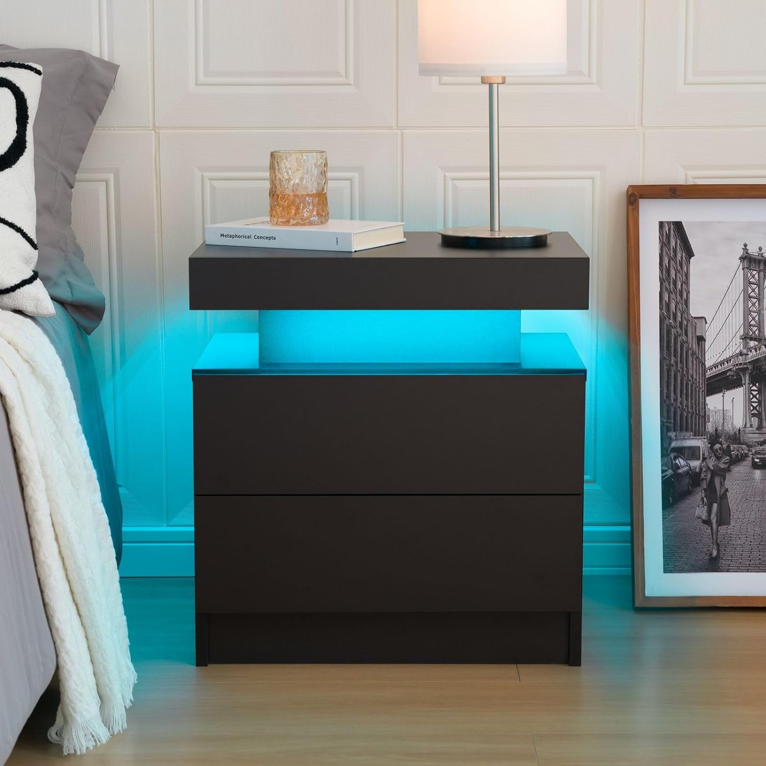 LED Nightstand Black Modern Night Stand with 2 Drawers LED Bedside ...