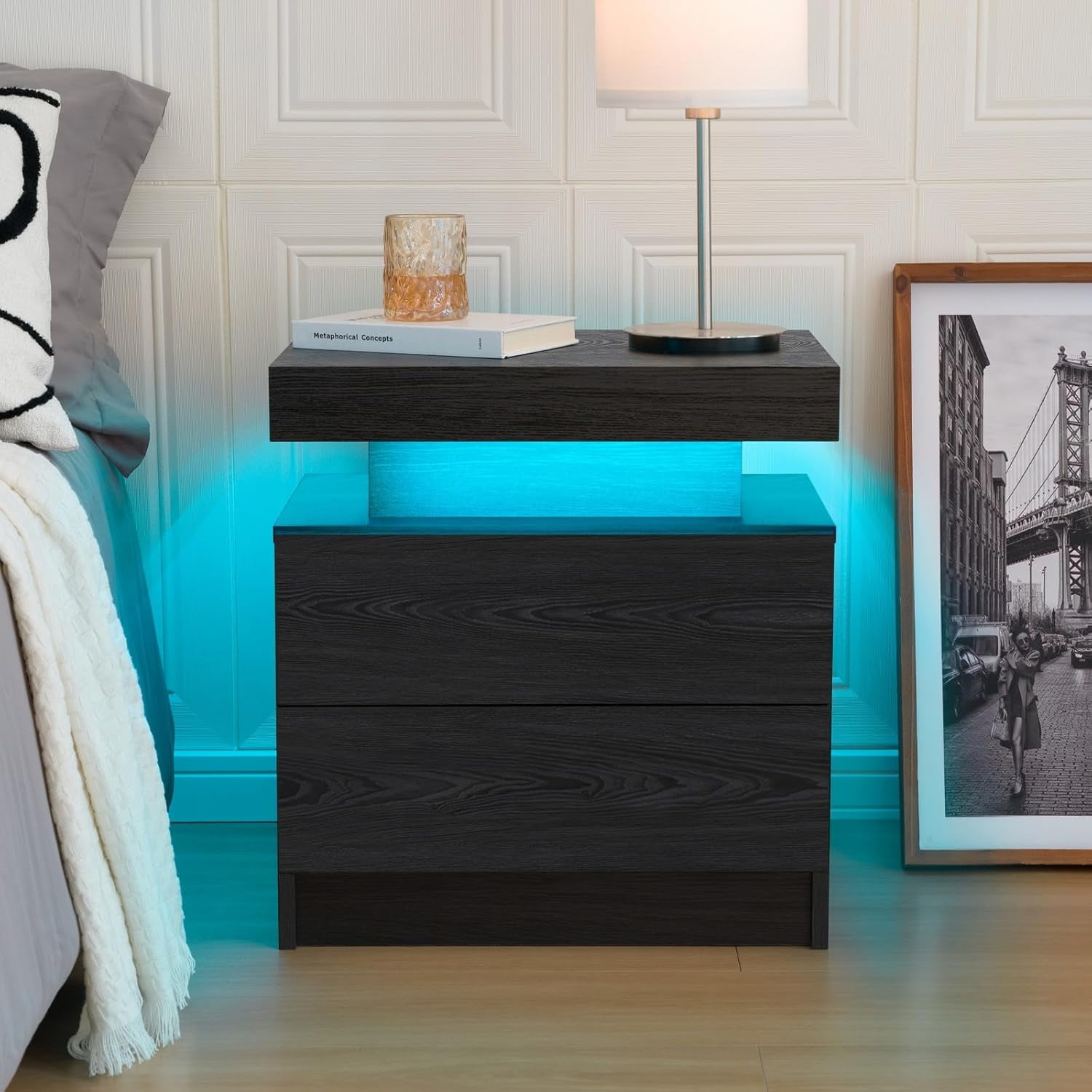 LED Nightstand Black Modern Night Stand with 2 Drawers LED Bedside ...