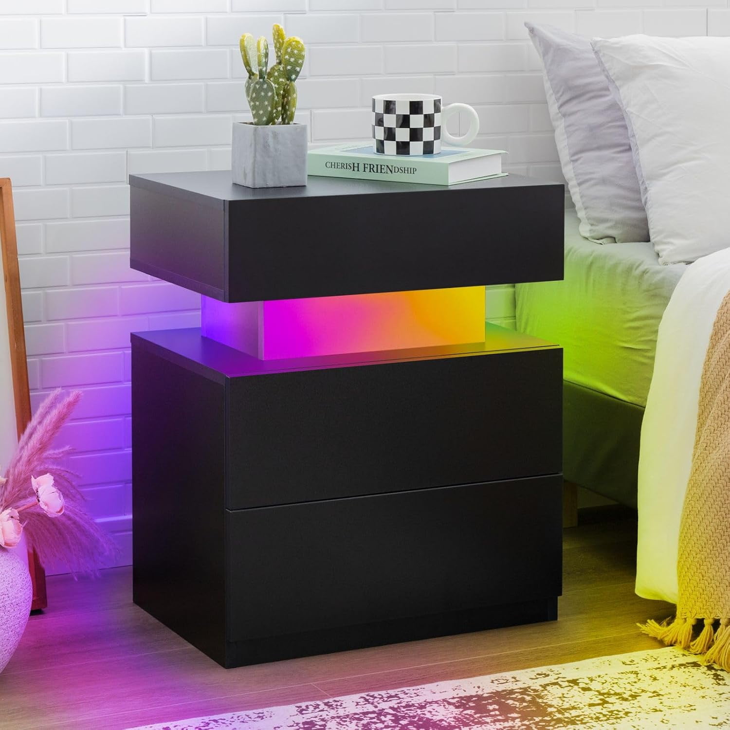 LED Nightstand Black Modern Night Stand with 3 Drawers LED Bedside ...