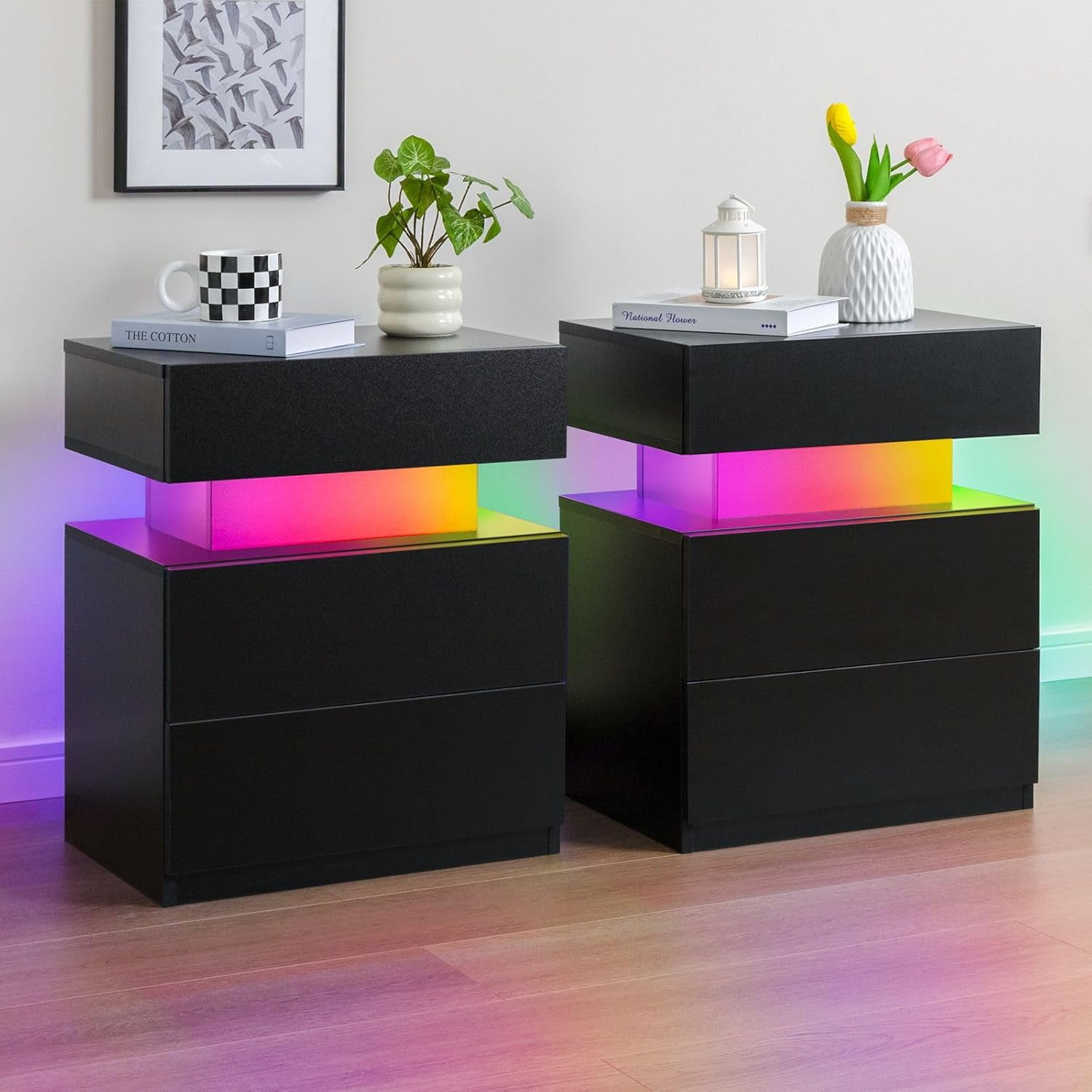 LED Nightstand Black Modern Night Stand with 3 Drawers LED Bedside ...