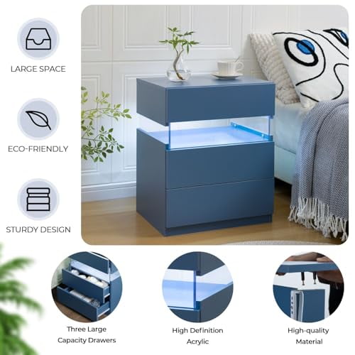 LED Nightstand Blue Nightstand for Bedroom Bedside Table with 3 Drawers ...