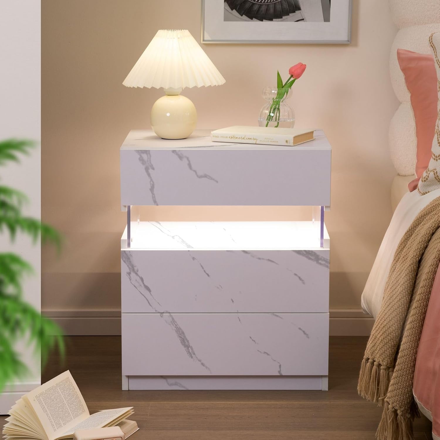 LED Nightstand Blue Nightstand for Bedroom Bedside Table with 3 Drawers ...