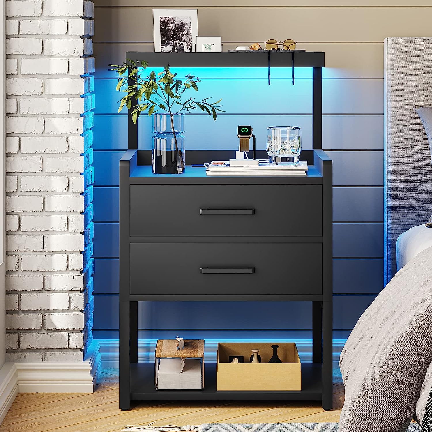 LED Nightstand with Charging Station 2 Drawers Night Stand with LED ...