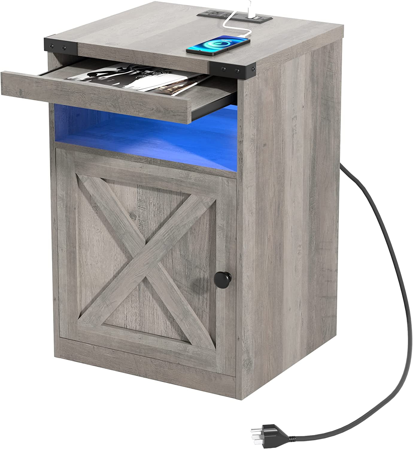 LED Nightstand with Charging Station, Bedside Tables with Cabinet ...