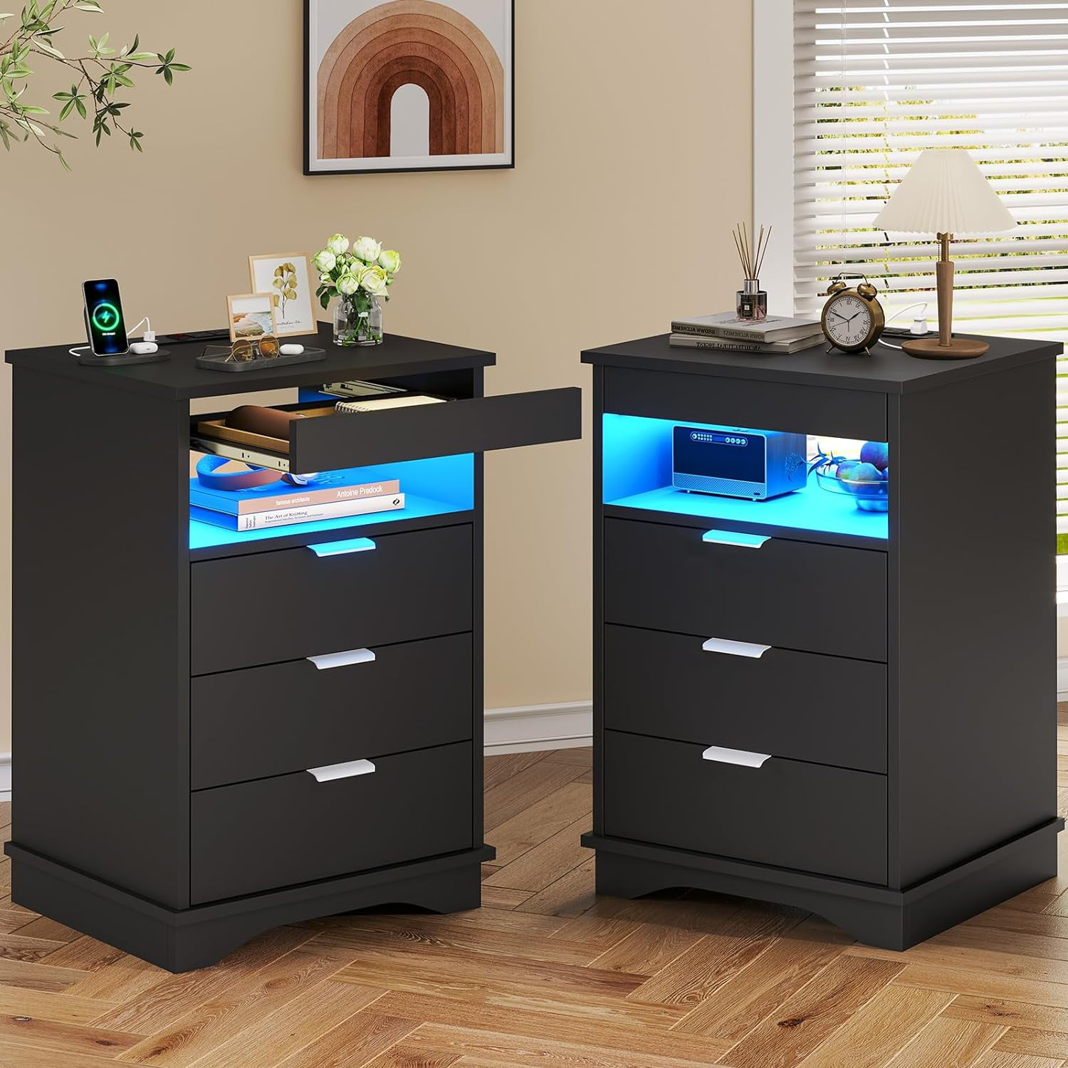 LED Nightstand with Charging Station,Black Night Stand with 3 Drawers ...