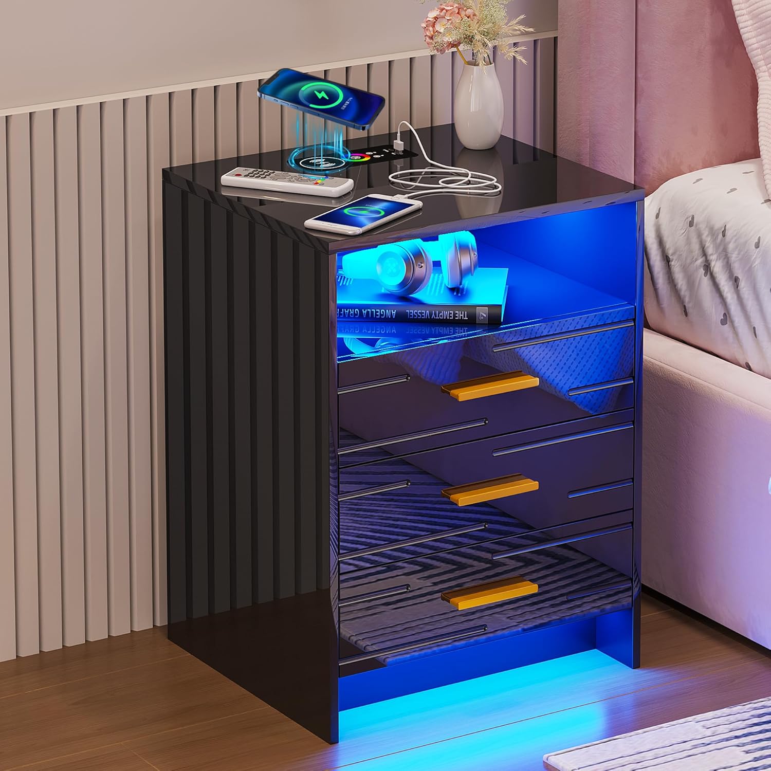 LED Nightstand with Charging Station, High Gloss Black Night Stands ...
