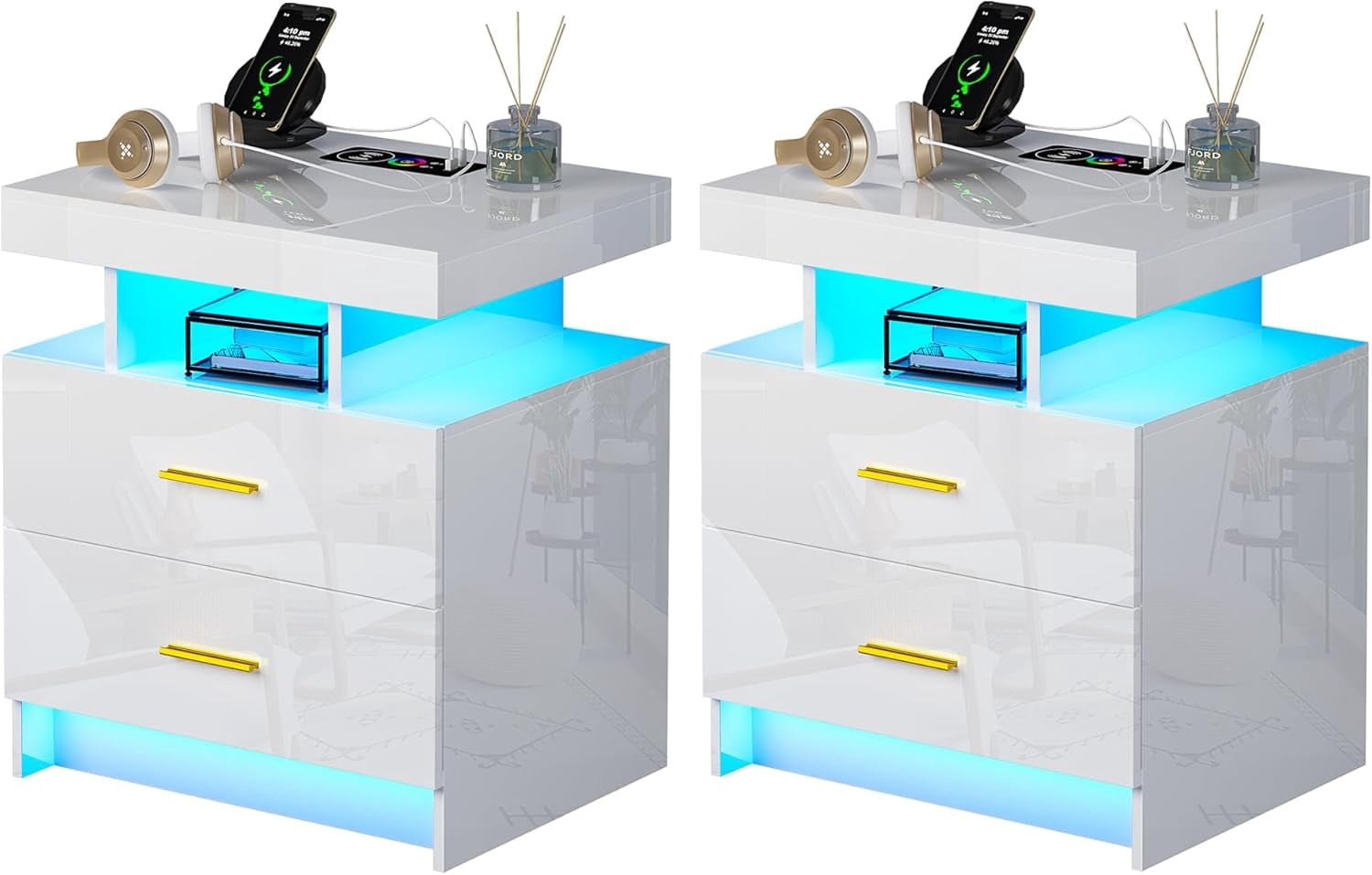 LED Nightstand with Charging Station, Modern Bedside Table with Body ...