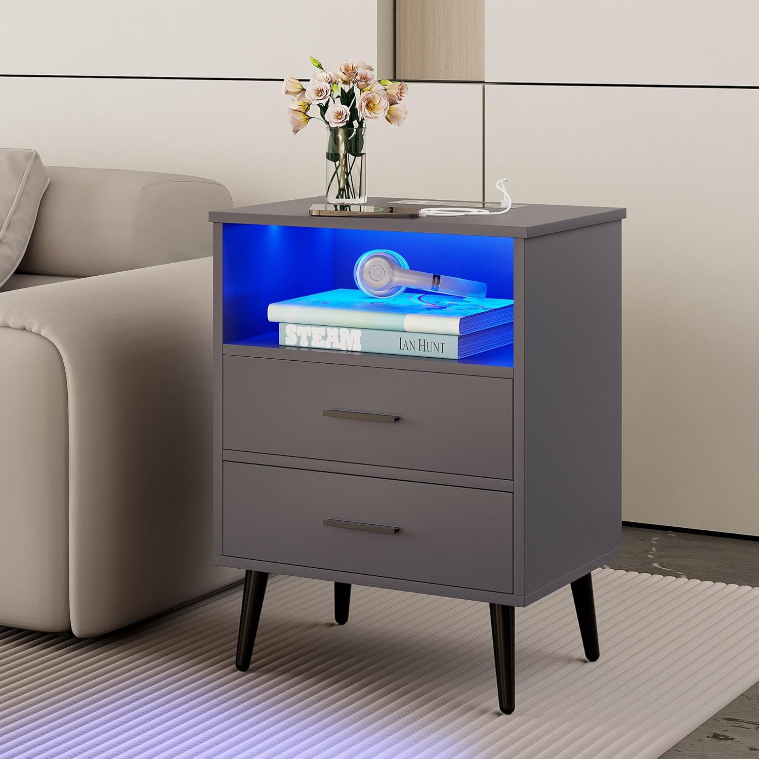 LED Nightstand with Charging Station, Modern Bedside Table with Human ...