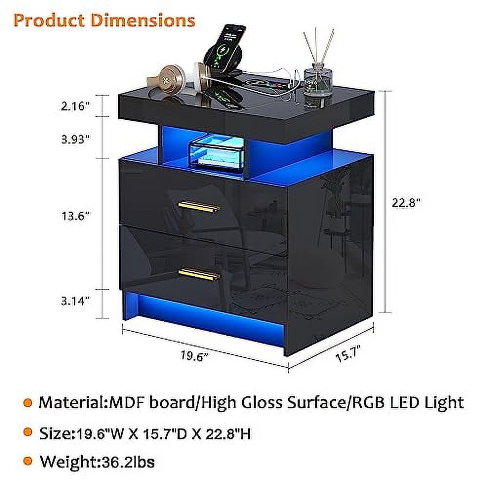 LED Nightstand with Charging Station, Modern Black Bedside Table with ...