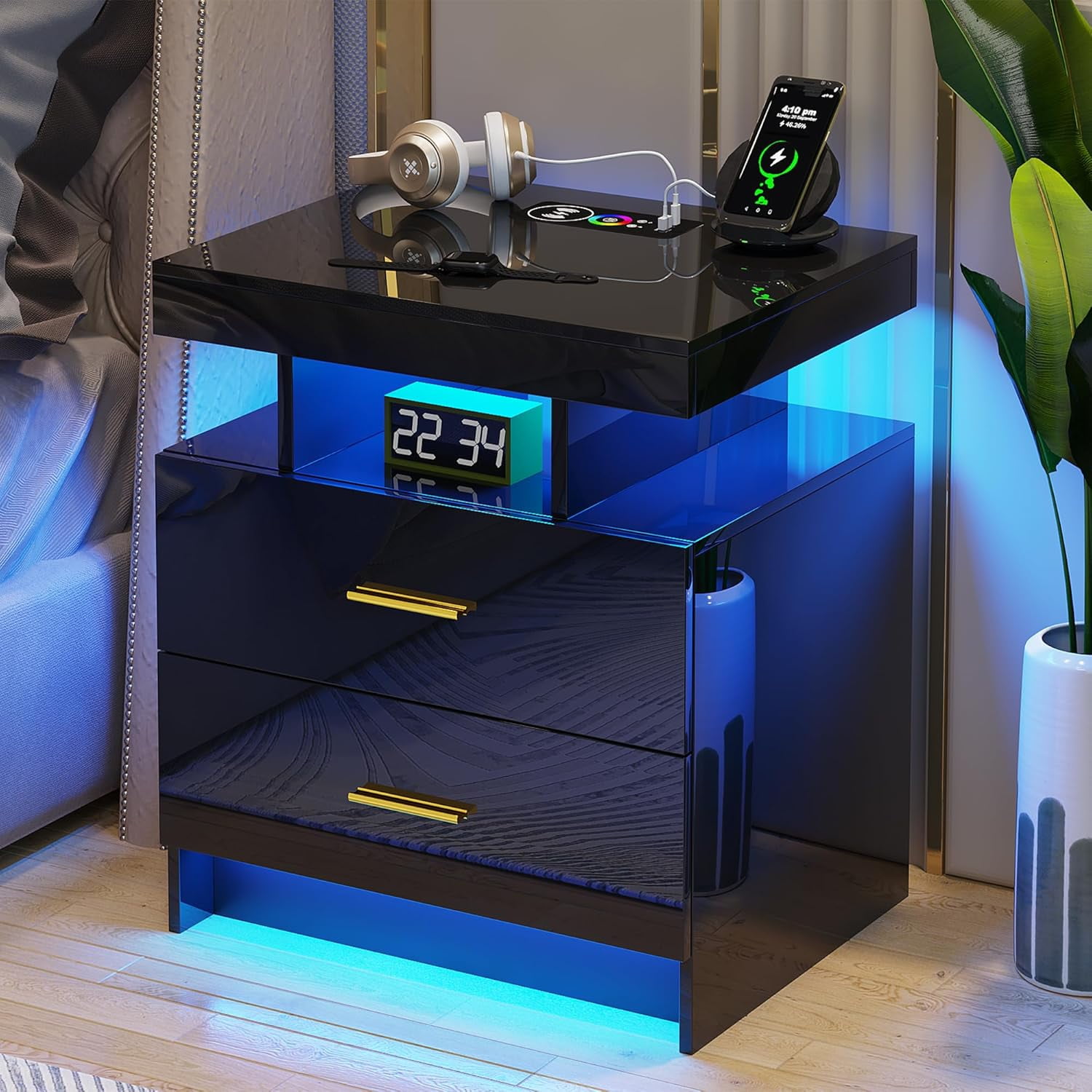 LED Nightstand with Charging Station, Modern Black Bedside Table with ...