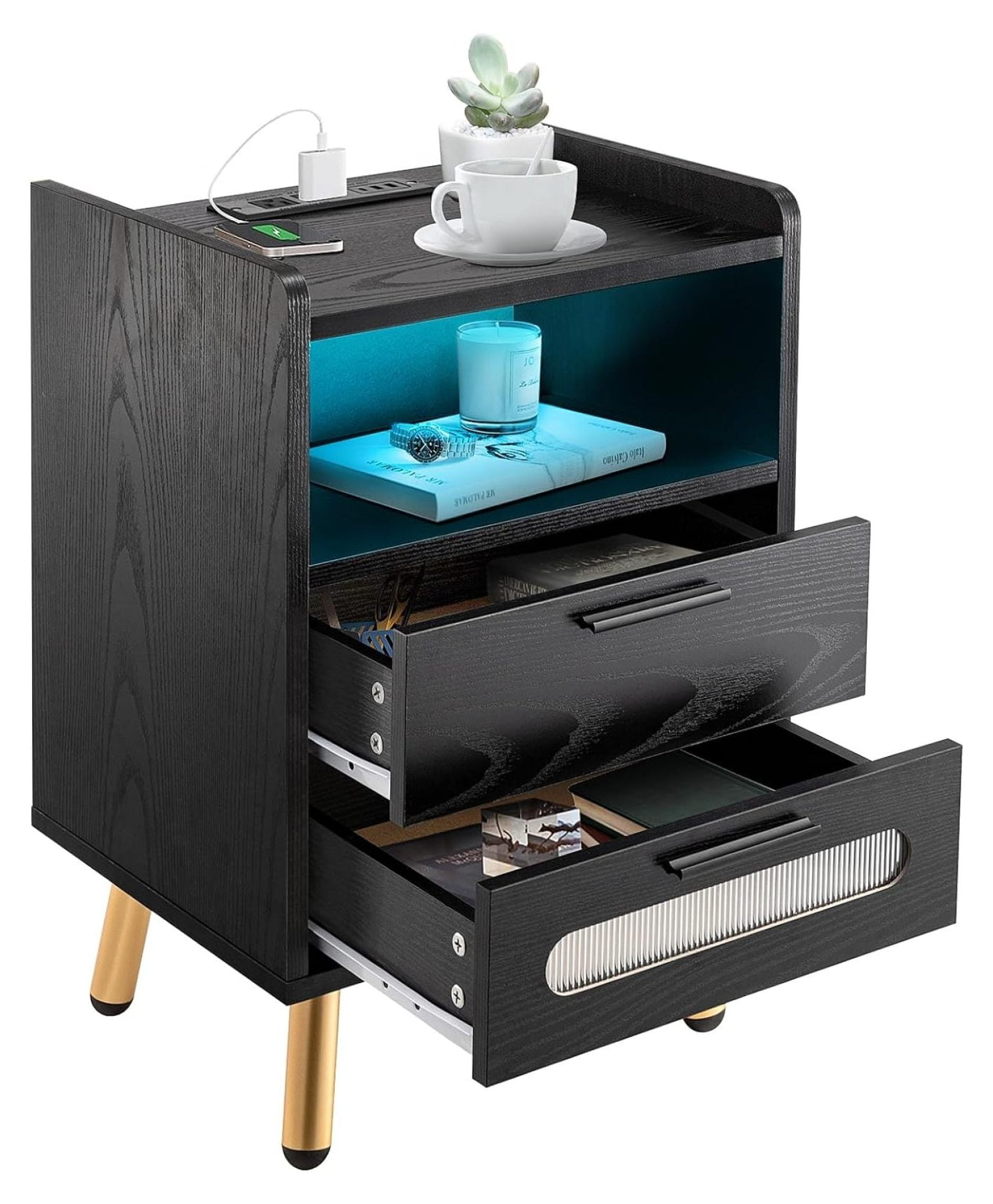 LED Nightstand with Charging Station, Night Stand with 2 Drawers, End ...