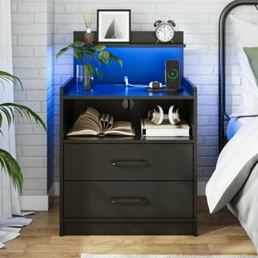 Open Nightstand Bedroom Shelf with LED Lights, Charging Station, and ...