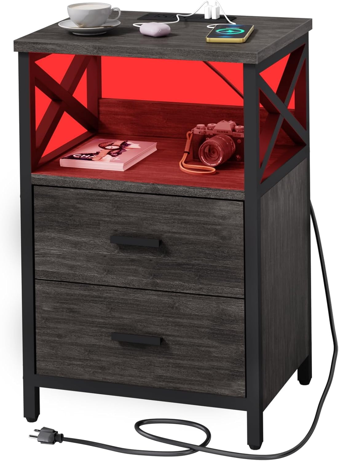 LED Nightstand with Charging Station, Side Table with USB Ports and ...