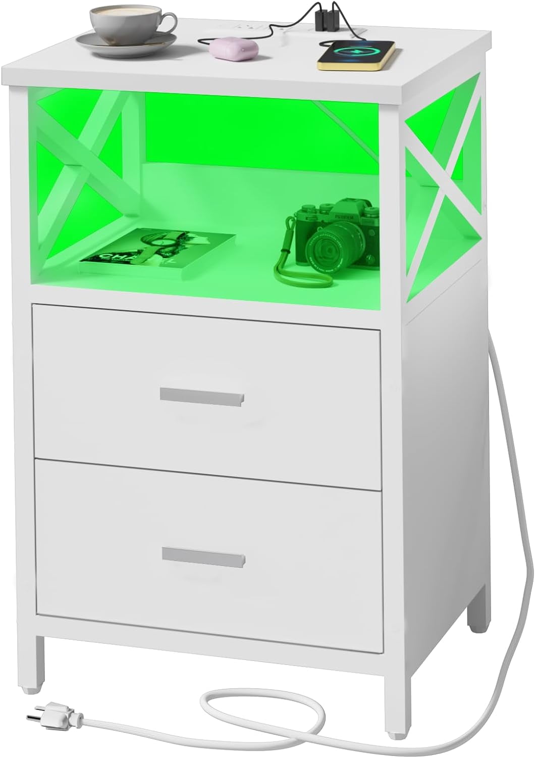 LED Nightstand with Charging Station, Side Table with USB Ports and ...