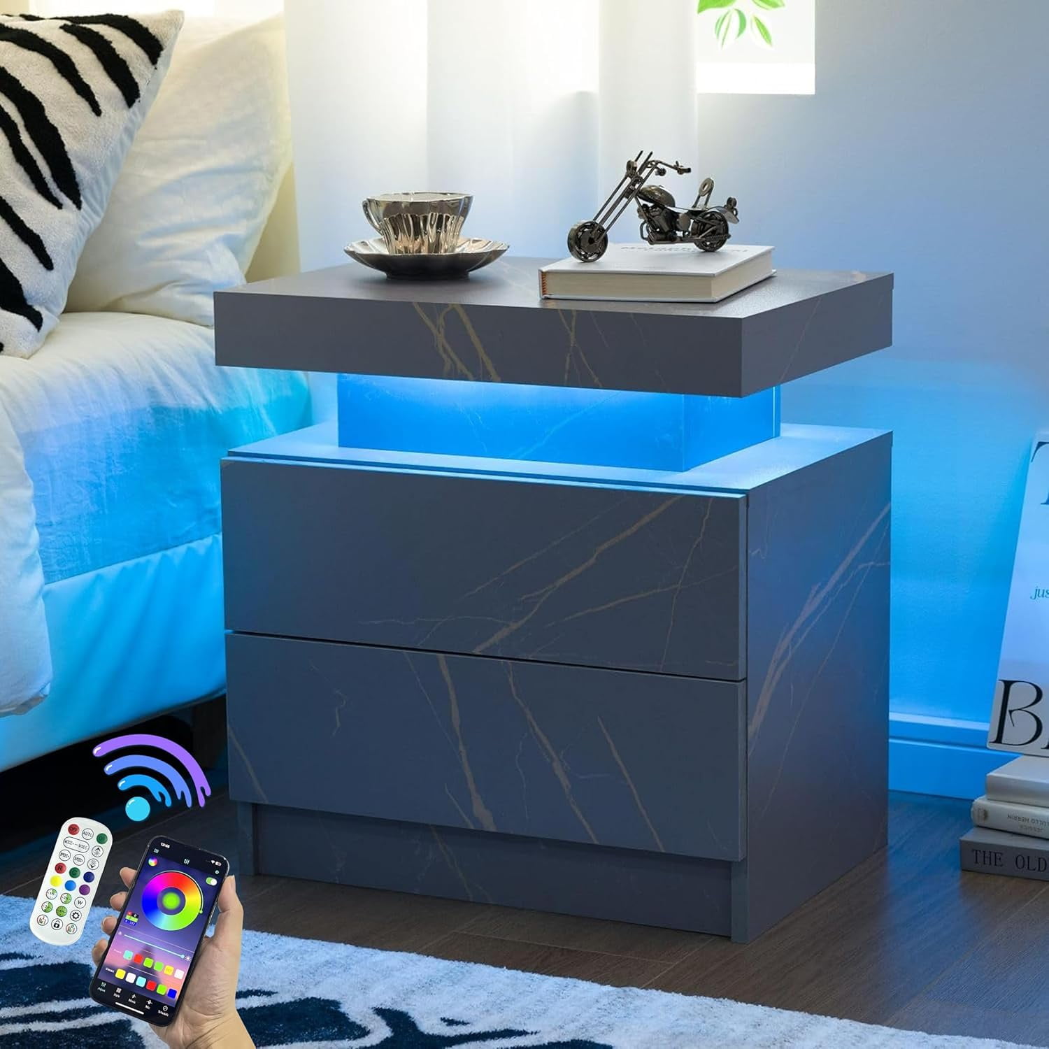 LED Nightstand Gray Gold Nightstand with Led Lights Modern Night Stand ...