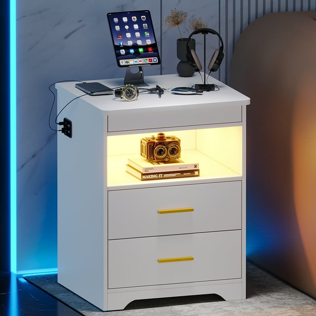 LED Nightstand with Gun Drawer, Modern Beside Table with Charging ...