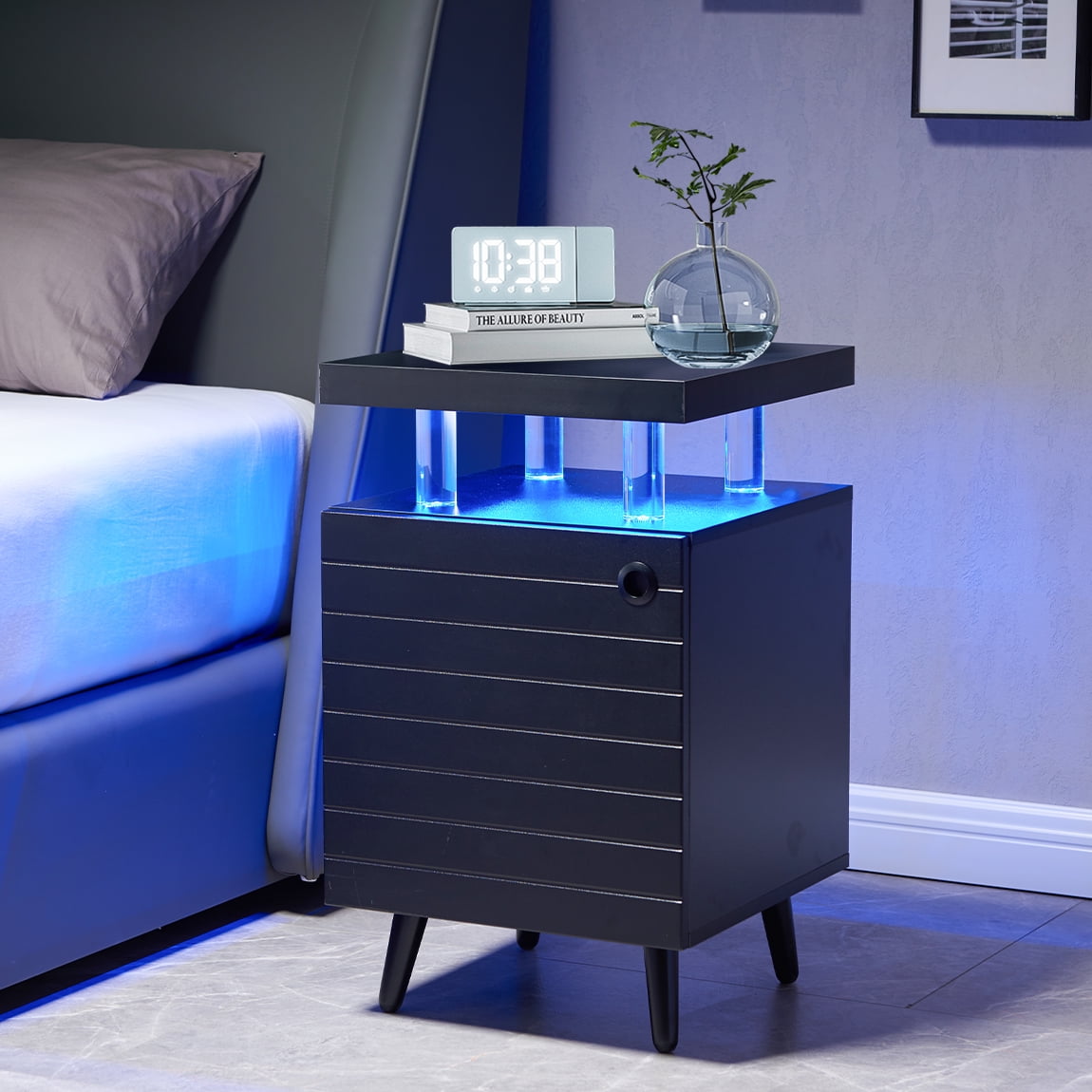 LED Nightstand LED Bedside Table End Tables Living Room with 4 Acrylic Columns, Bedside Table ...