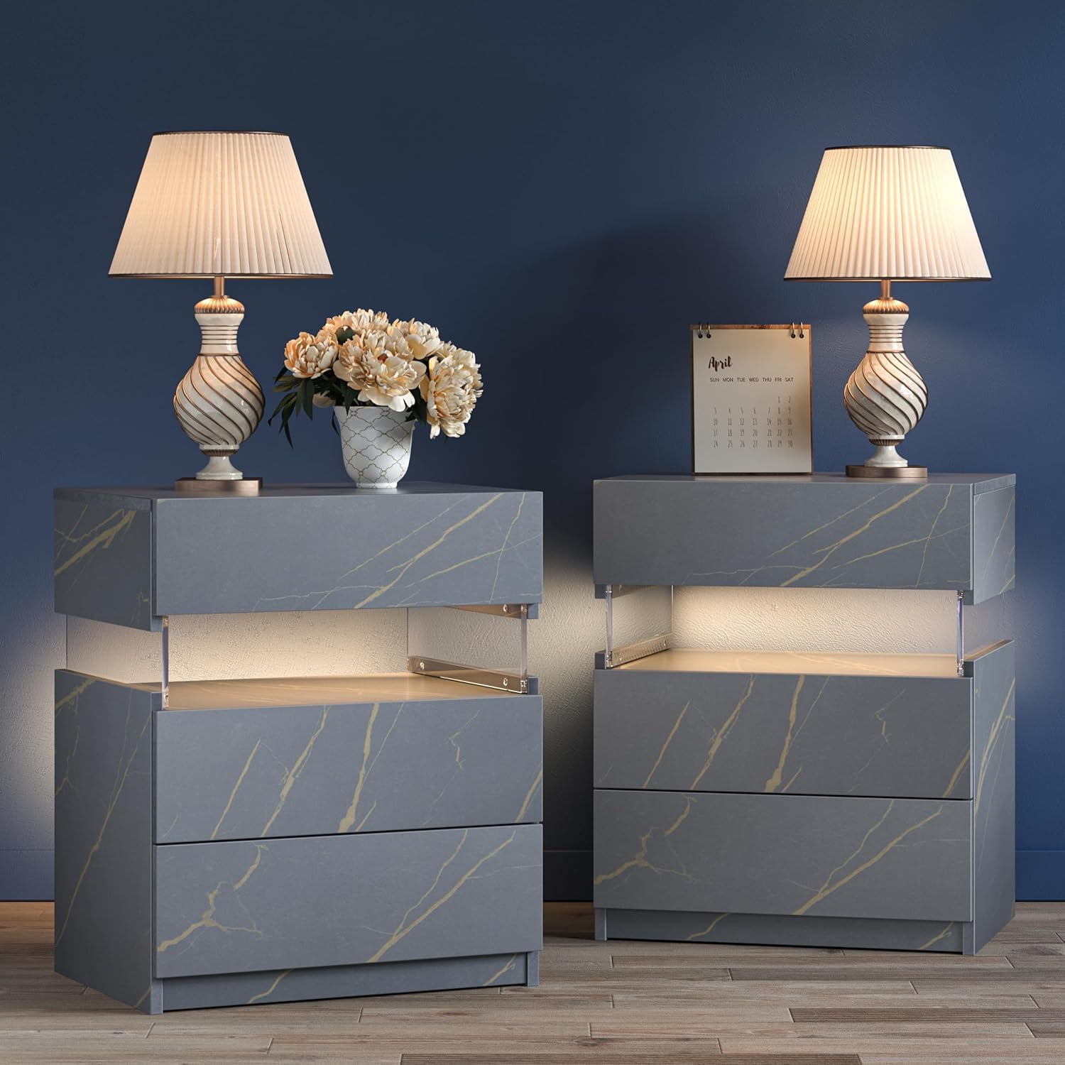 LED Nightstand LED Bedside Tables with 3 Drawers Night Stand for ...