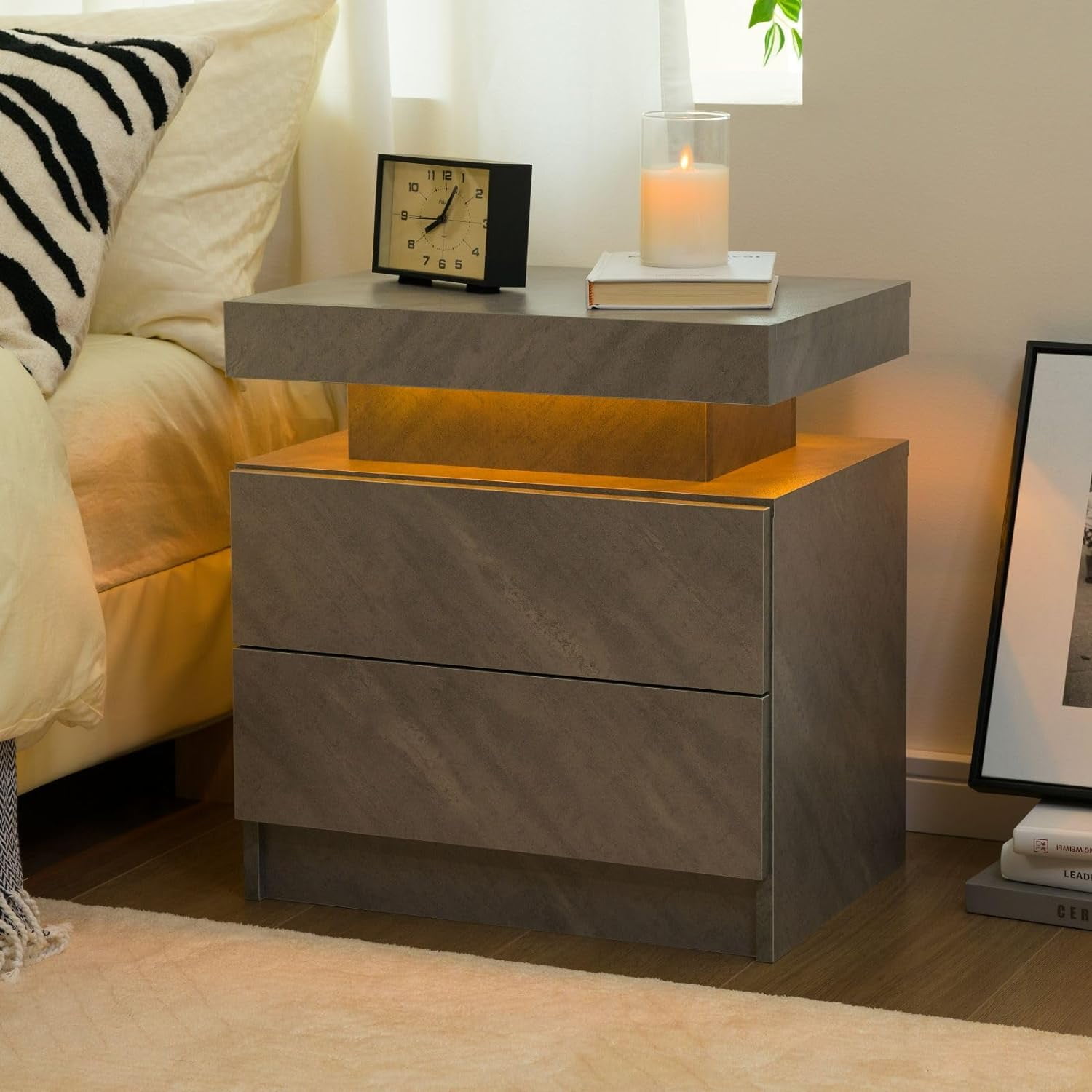 LED Nightstand Modern Bedside Table for Bedroom Night Stand with 2 Wood ...