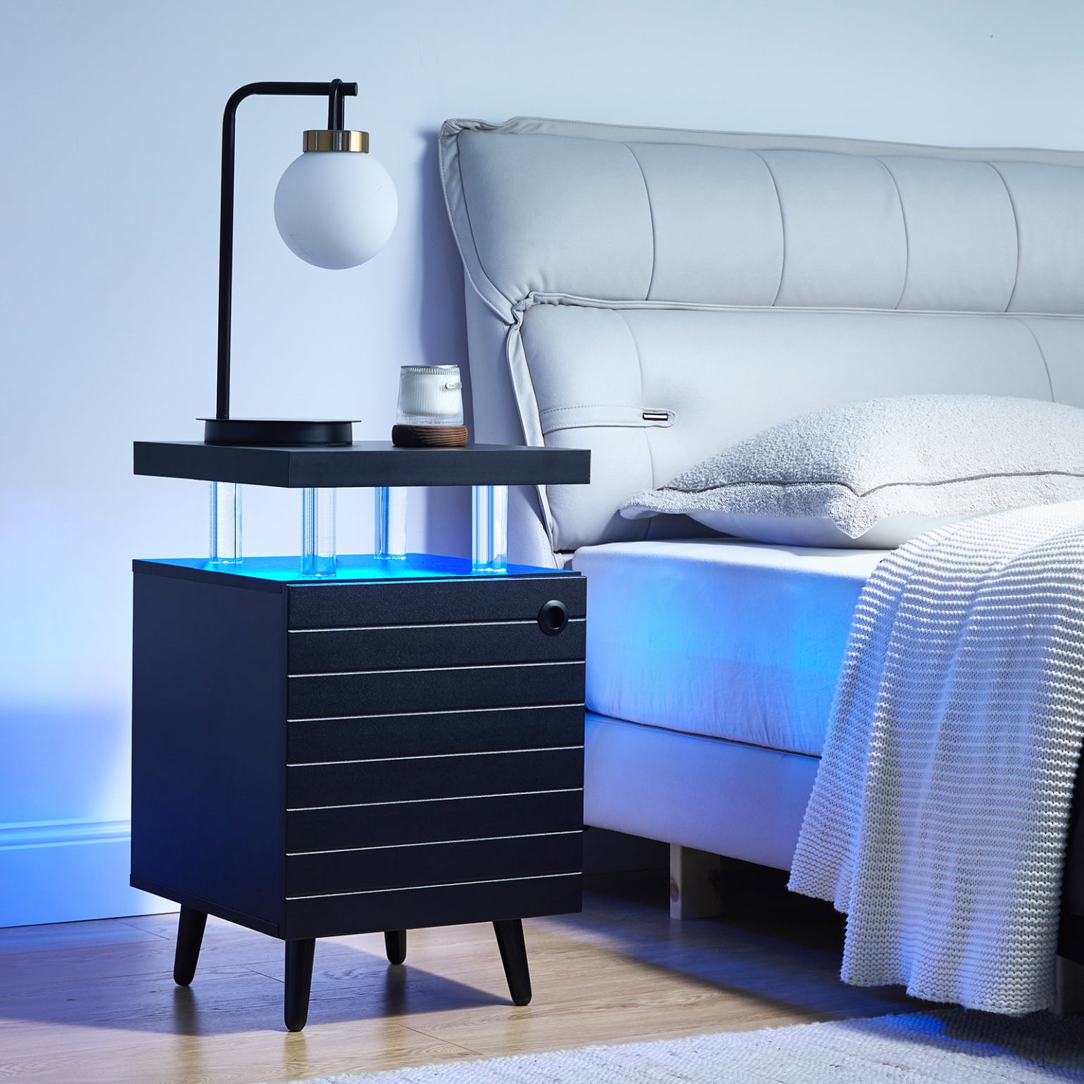 LED Nightstand, Modern Classic Bedside Table with 4 Acrylic Columns ...