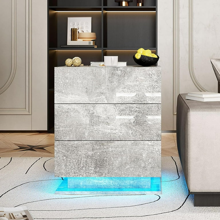 LED Nightstand Modern High Gloss Bedside Table with 3 Storage Drawers for Bedroom Wooden Smart Side Table End Table with LED Lights for Living Room Office Grey Marble 2 Walmart