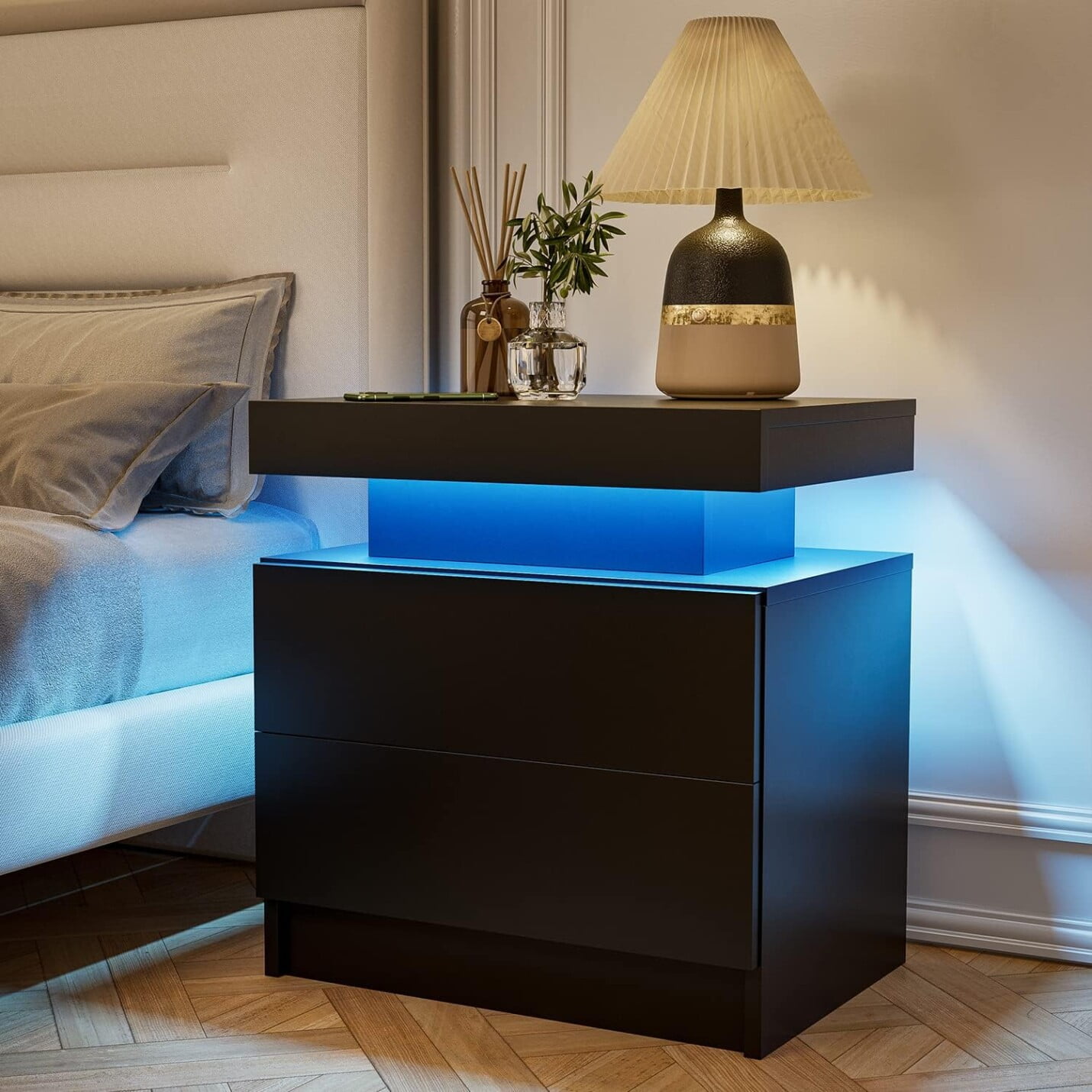 LED Nightstand, Night Stand with Sliding Top Storage, 2-Drawers High ...