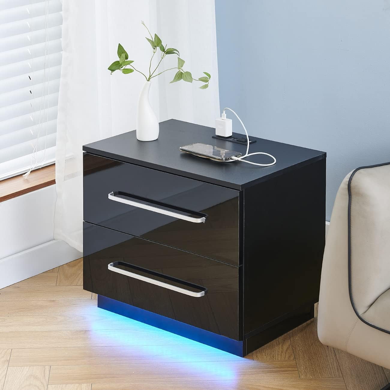 LED Nightstand, RGB Black Night Stand with USB/Wireless Charging ...