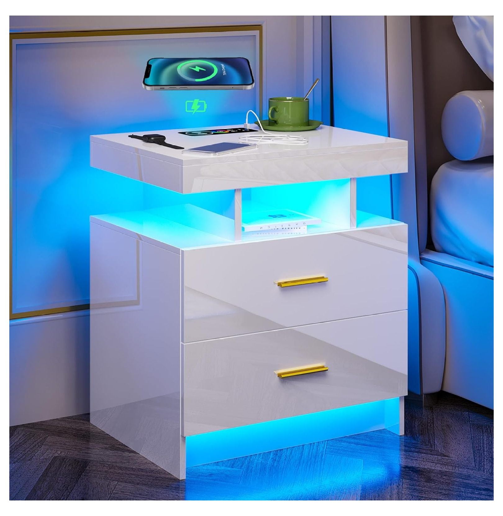 LED Nightstand, RGB White Night Stand with USB/Wireless Charging ...