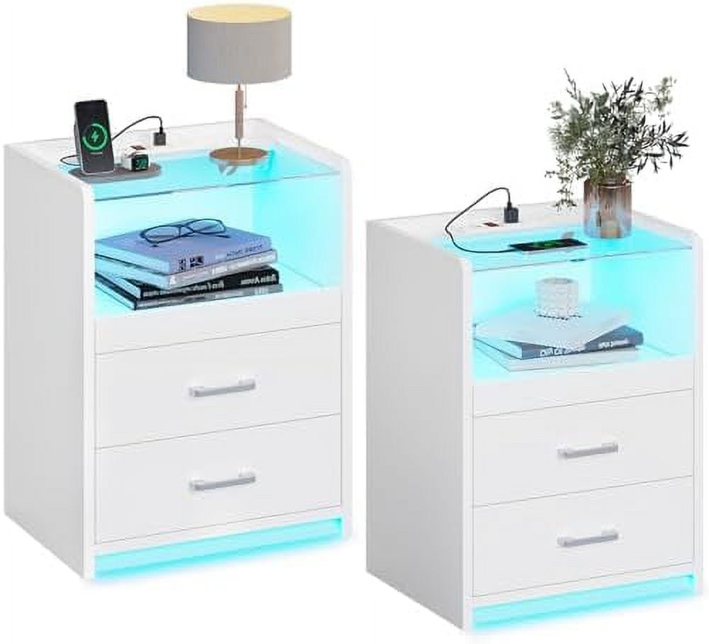 LED Nightstand Set of 2 with Charging Station, Night Stand with Pull ...