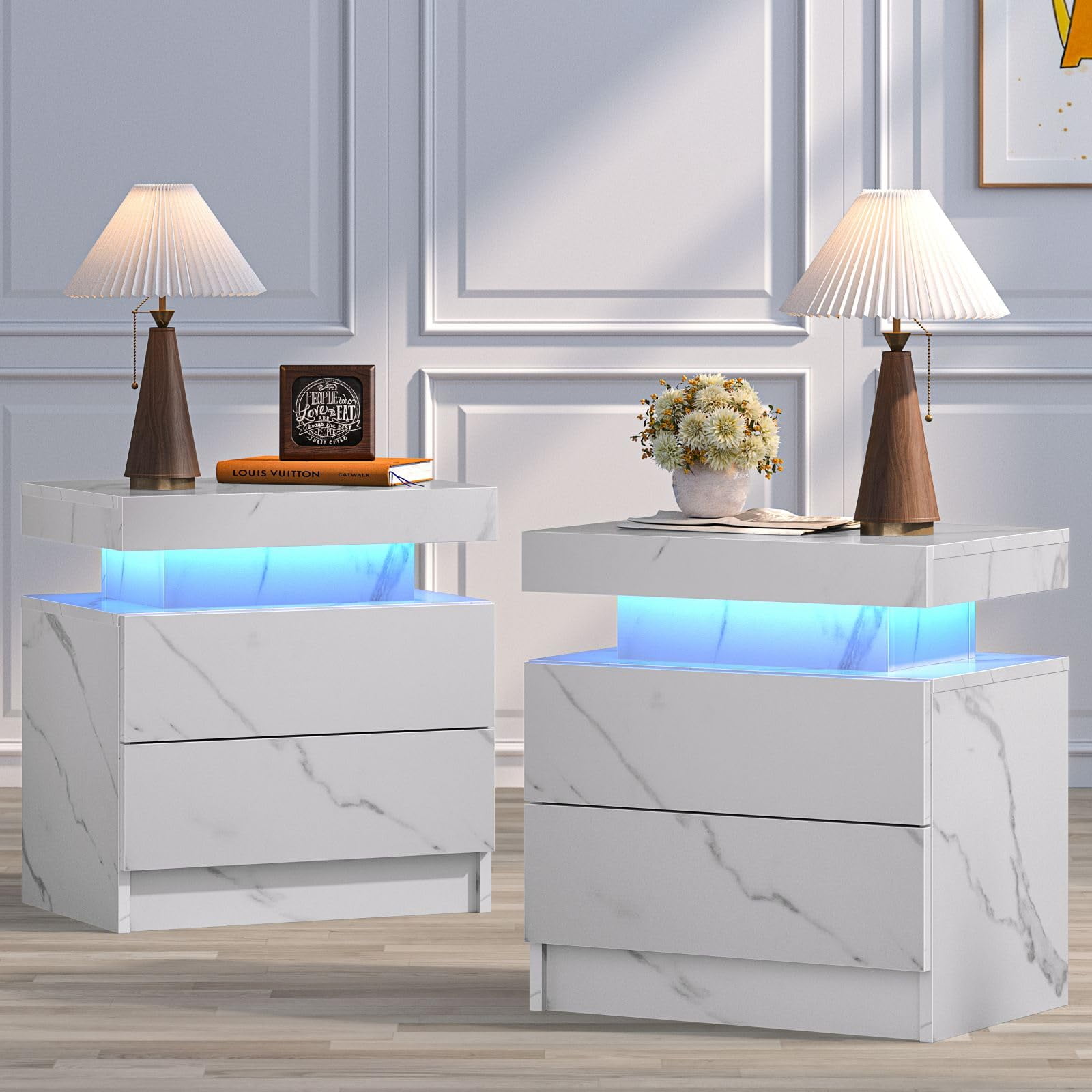LED Nightstand Set of 2 with Drawers, Modern Bedside Tables for Bedroom ...