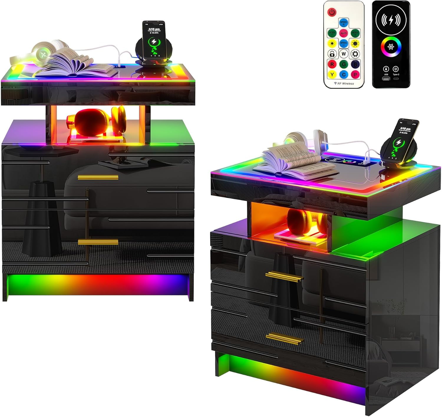 LED Nightstand Set of 2, Modern Night Stand with Wireless Charging ...