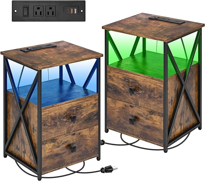 LED Nightstand Set of 2, Night Stand with Charging Station, End Table ...