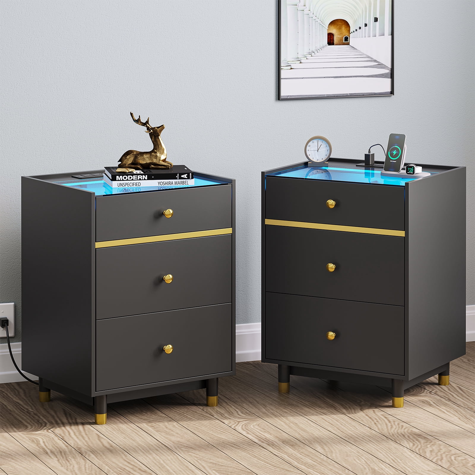 LED Nightstand Set of 2 with 2 USB Ports and 2 AC Outlets for Bedroom ...