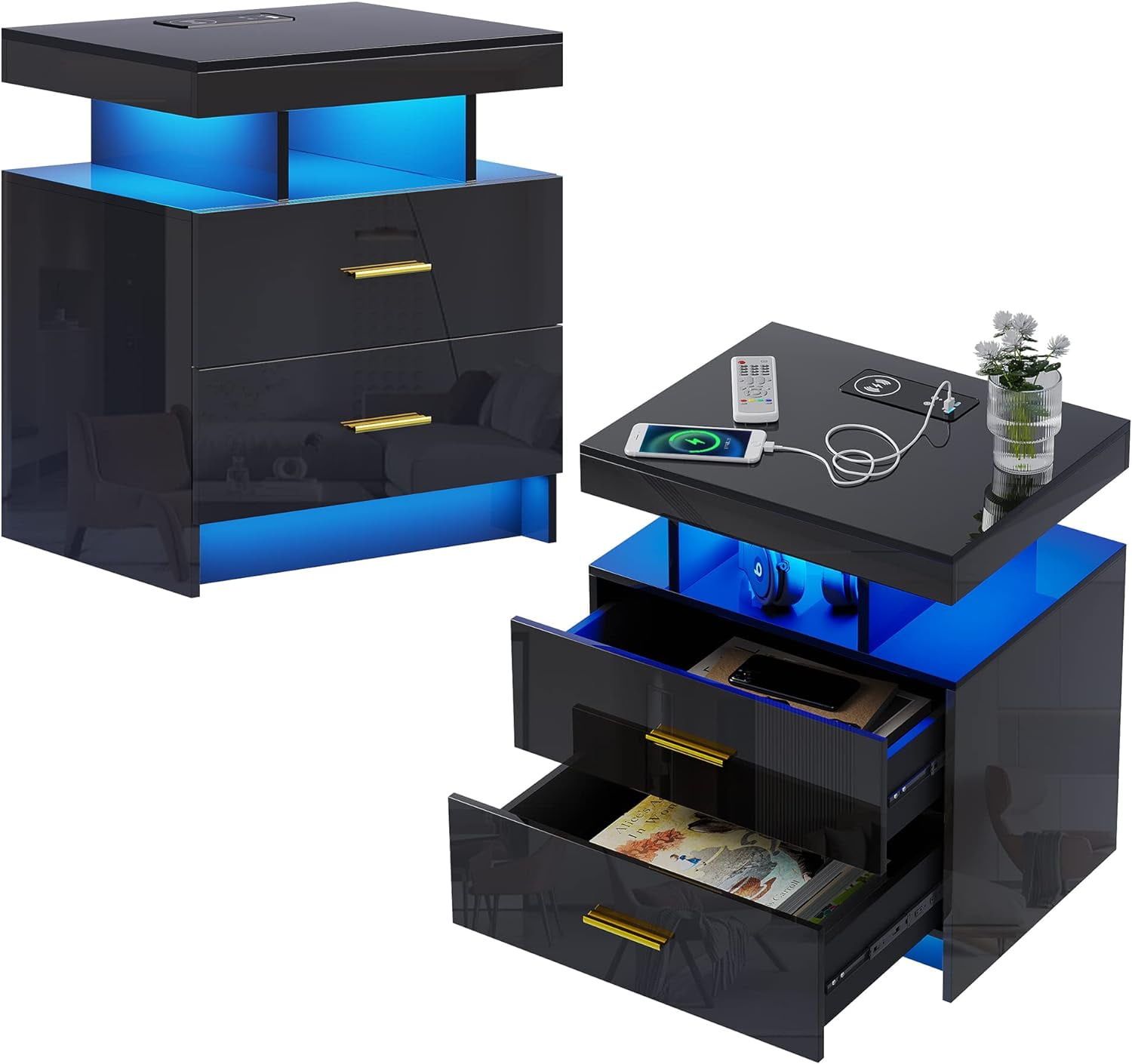 LED Nightstand Set of 2 with Wireless Charging Station & USB Charging ...